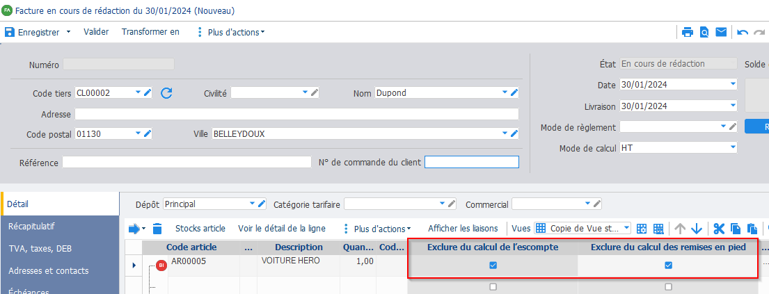 Exclure un article du calcul de la remise et/ou de l'escompte en pied ...